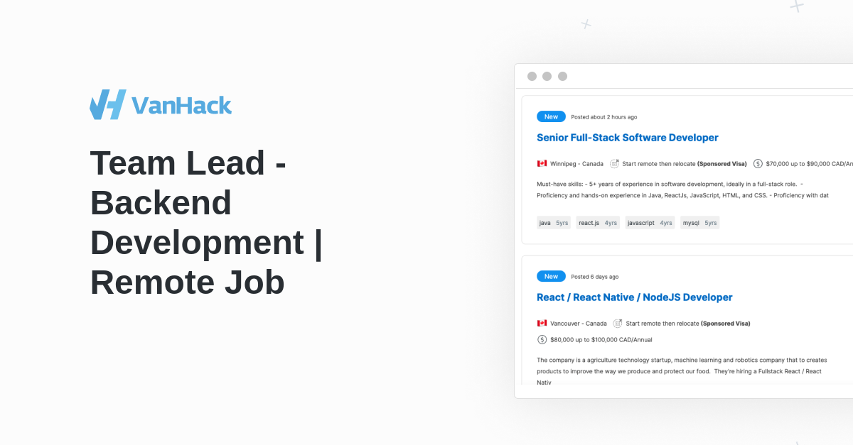 Team Lead - Backend Development | Remote Job - VanHack